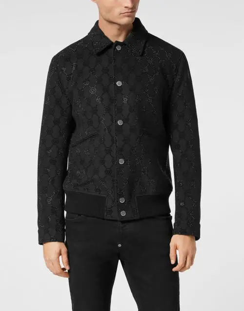 Philipp Plein Wool Bomber Jacket With All-over Rhinestone Monogram - Black/black