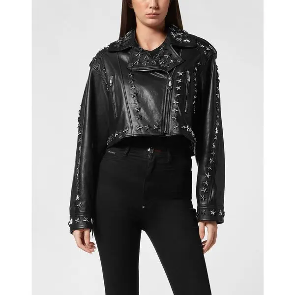 Philipp Plein Leather Star Studded Biker Jacket