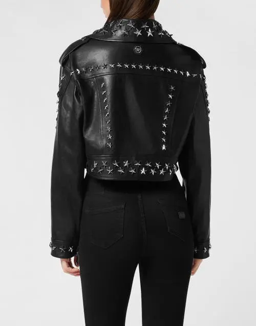 Philipp Plein Leather Star Studded Biker Jacket