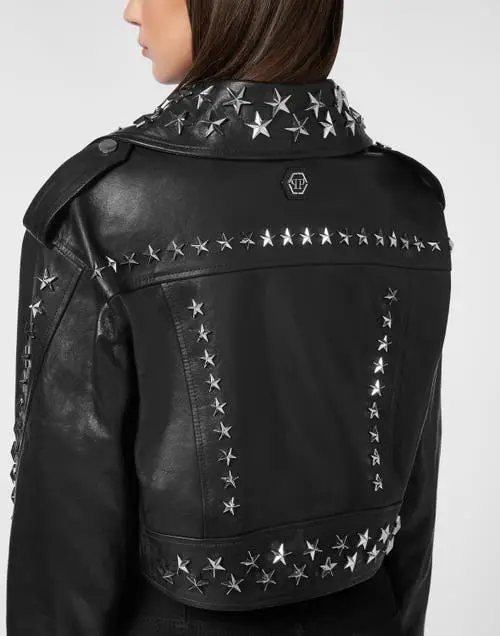 Philipp Plein Leather Star Studded Biker Jacket
