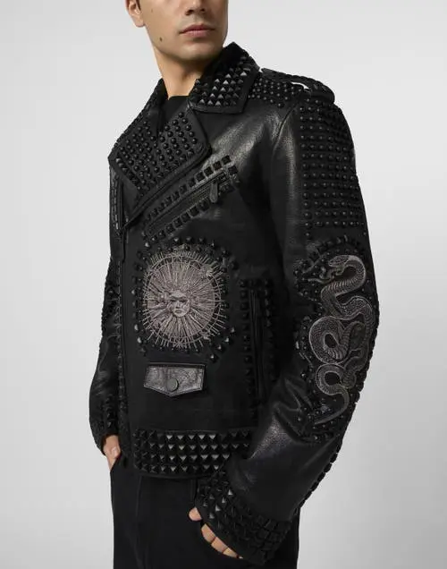 Philipp Plein Vintage Leather Biker Jacket With Tattoo Patches And Studs