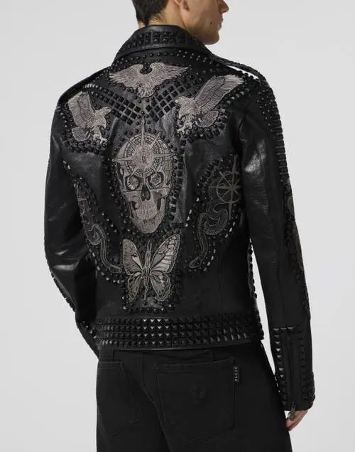Philipp Plein Vintage Leather Biker Jacket With Tattoo Patches And Studs
