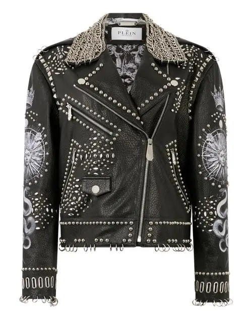 Philipp Plein Studded And Printed Leather Biker Jacket - Black