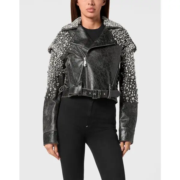 Philipp Plein Cropped Embellished Leather Biker Jacket