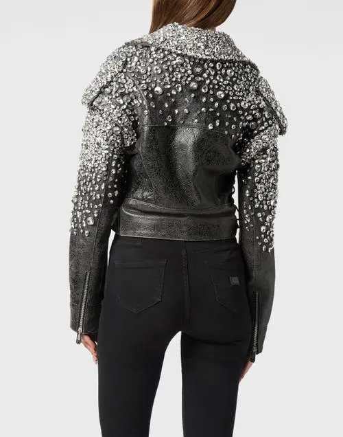 Philipp Plein Cropped Embellished Leather Biker Jacket