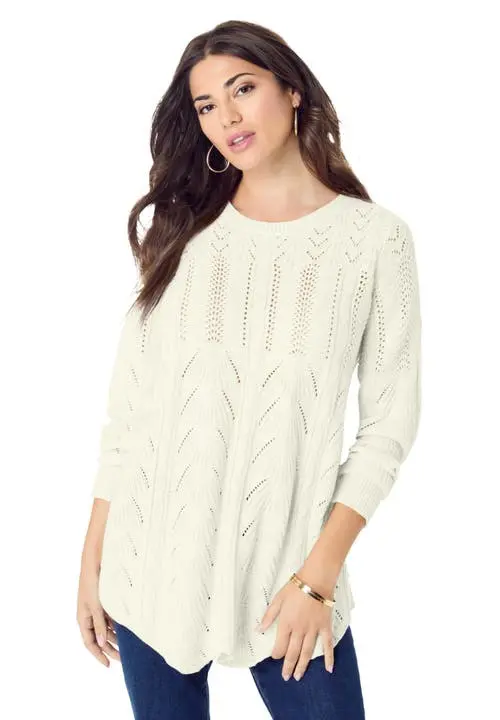 Roaman's Scallop Hem Pointelle Sweater - Ivory