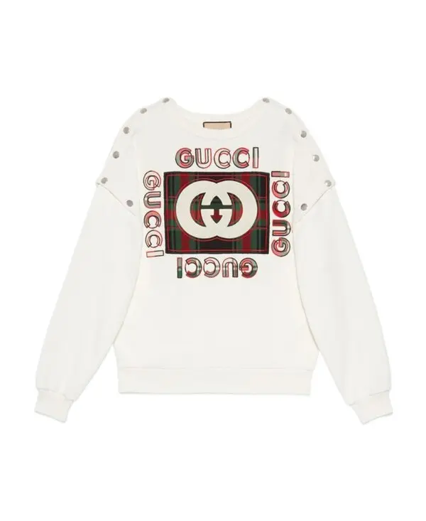Gucci Cotton Sweater With Retro Logo And Plaid Embroidery - White