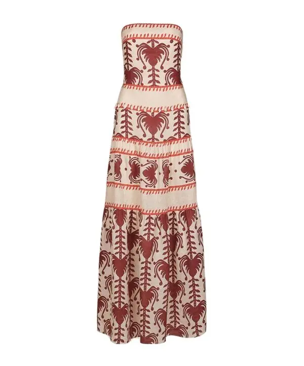 Johanna Ortiz Strapless Botanical Print Tiered Maxi Dress - Nude