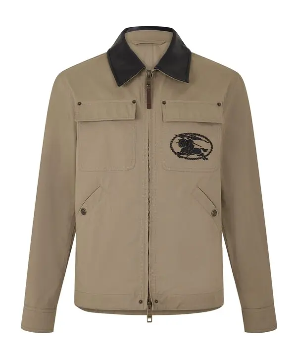 Burberry Khaki Cotton Field Jacket With Leather Collar And Embroidered Badge