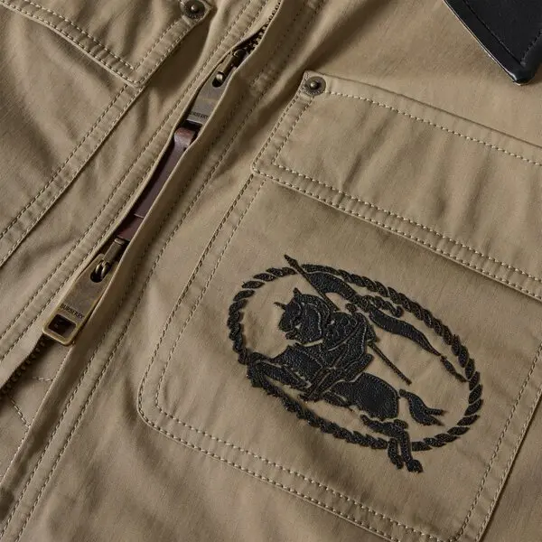 Burberry Khaki Cotton Field Jacket With Leather Collar And Embroidered Badge