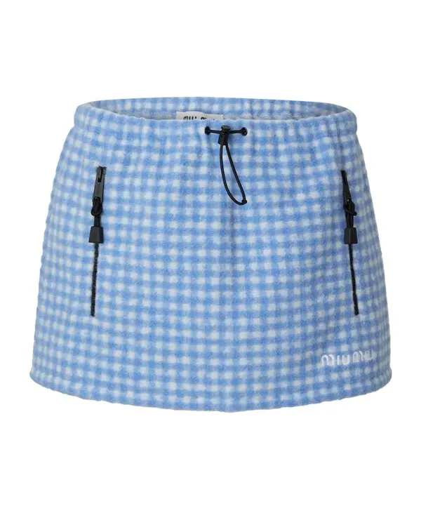 Miu Miu Gingham Fleece Drawstring Waist Mini Skirt - Blue