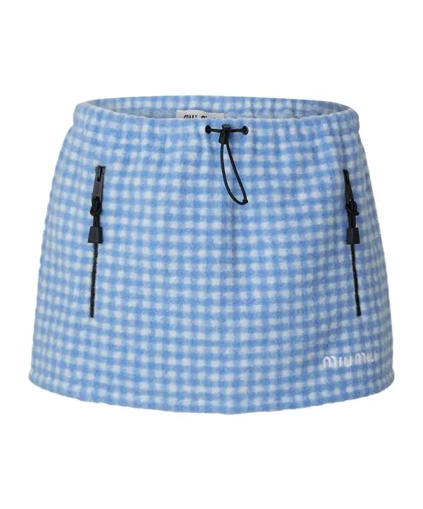 Miu Miu Gingham Fleece Drawstring Waist Mini Skirt - Blue