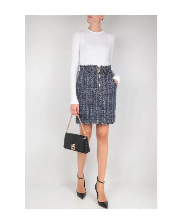 Balmain Denim Tweed Mini Skirt With Zipper Closure