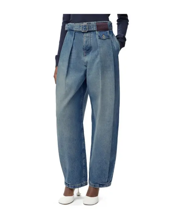 Loewe Belted Pleated Wide Leg Jeans - Washed Denim Blue