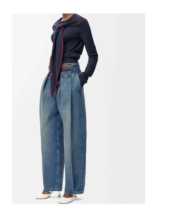 Loewe Belted Pleated Wide Leg Jeans - Washed Denim Blue