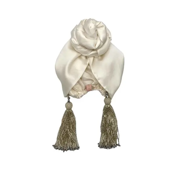 JULIA CLANCEY Ivory Edith Luxe Silver Beaded Tassel Turban
