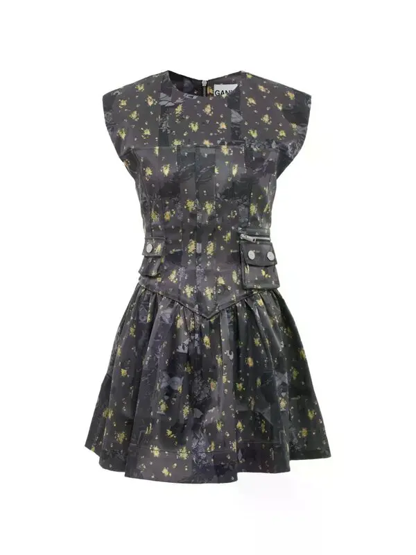 GANNI Floral Print Pocket Detail Dress - Grey