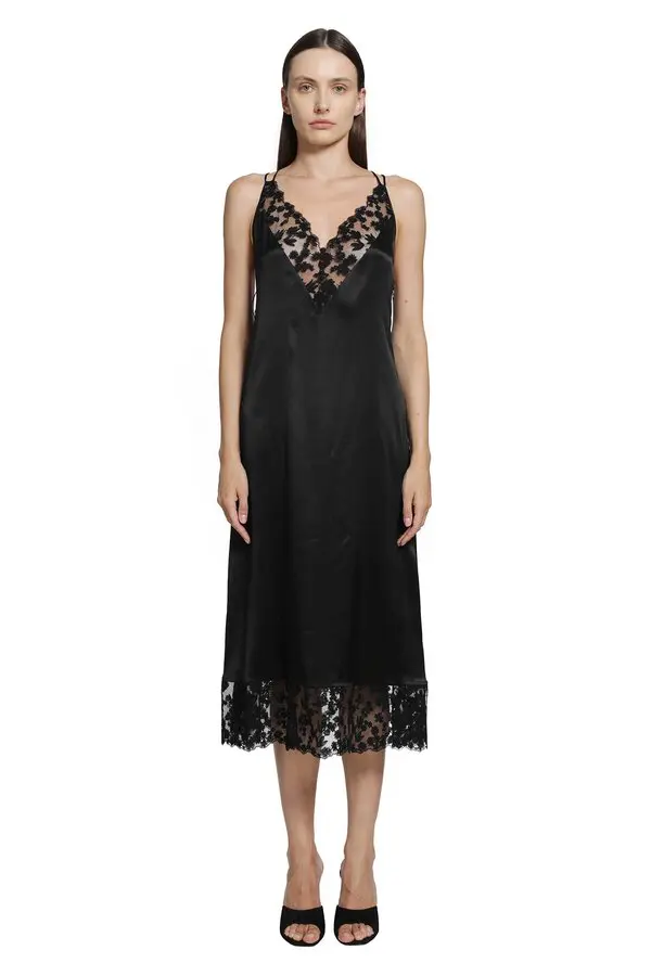 Fendi Silk Satin And Lace V-neck Midi Dress - Black
