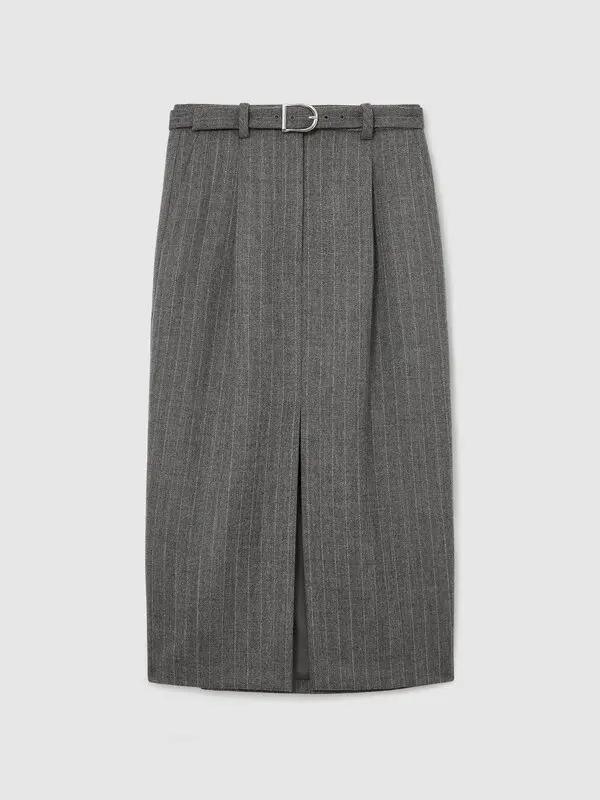REISS Astrid Wool Pinstripe Belted Pencil Skirt