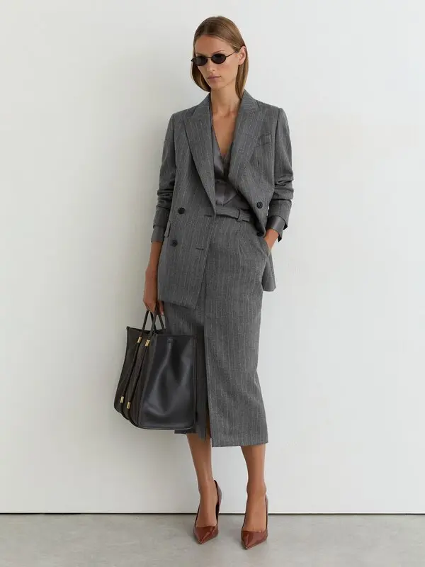 REISS Astrid Wool Pinstripe Belted Pencil Skirt - Grey