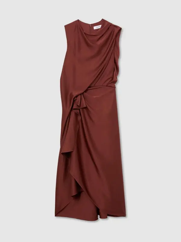REISS Mabel Satin Frill-detail Draped Midi Dress