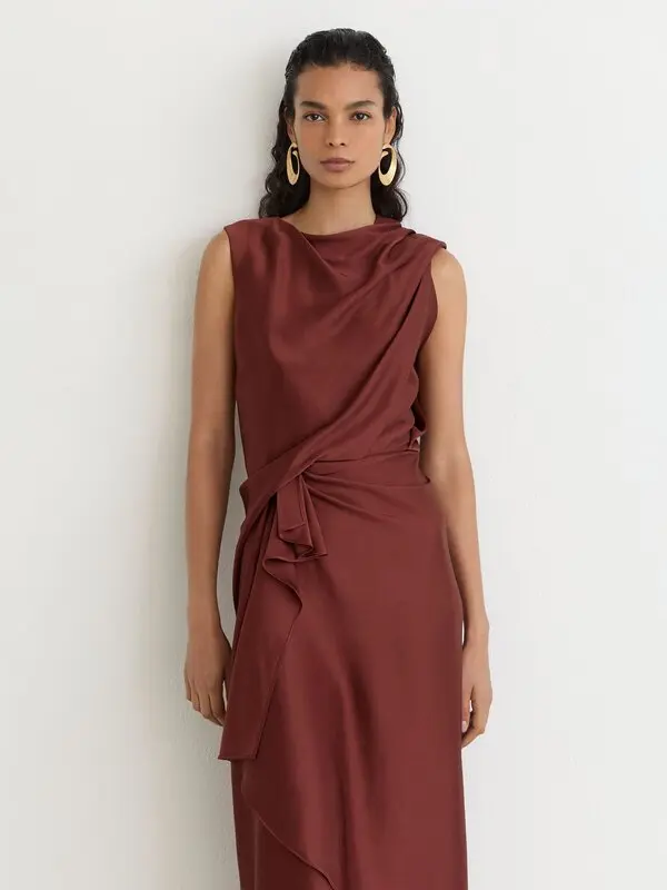 REISS Mabel Satin Frill-detail Draped Midi Dress