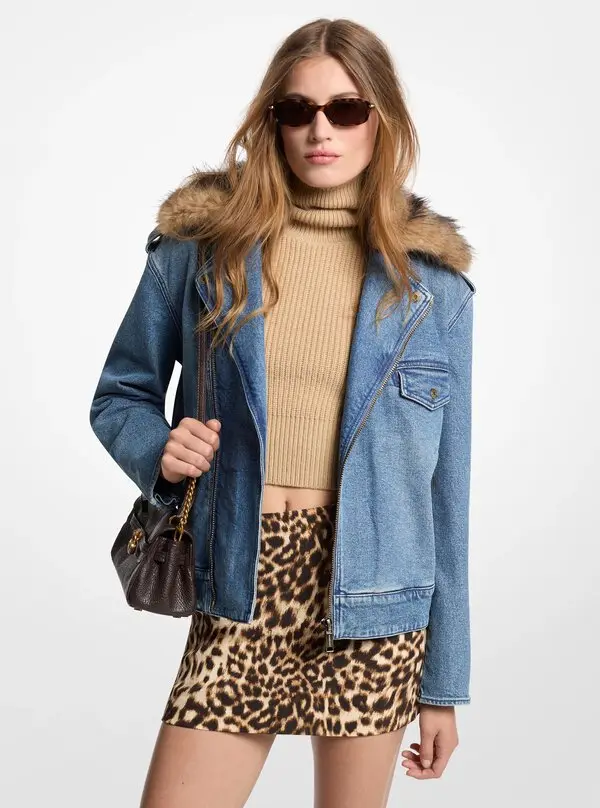 Michael Kors Faux Fur Trimmed Denim Moto Jacket - Blue