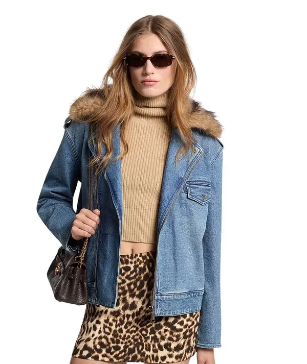 Michael Kors Faux Fur Trimmed Denim Moto Jacket - Blue