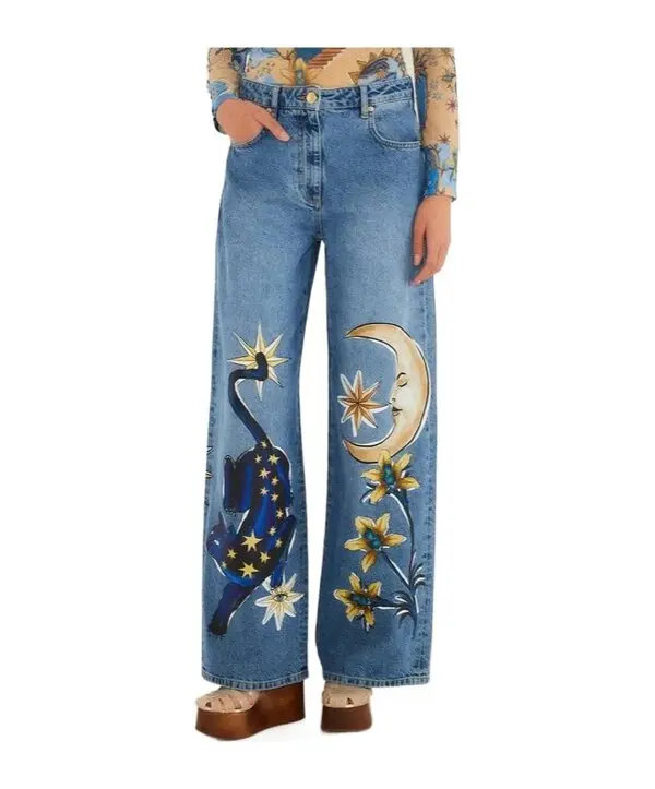 Farm Rio Star Moon Print Wide Leg Jeans