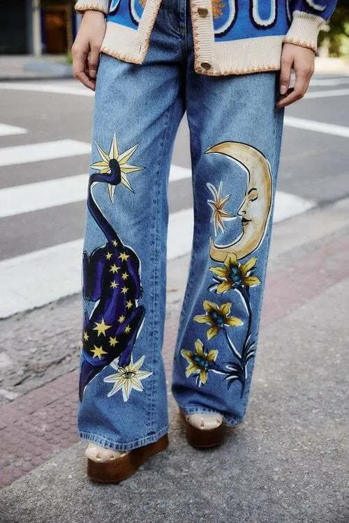 Farm Rio Star Moon Print Wide Leg Jeans