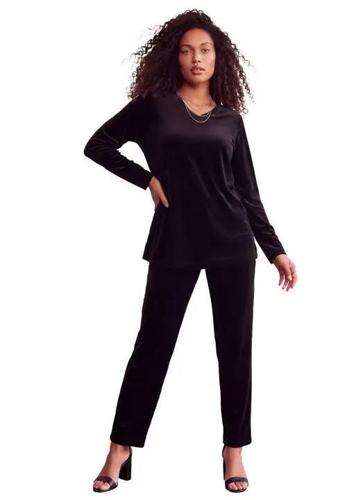 Roaman's Two Piece V Neck Velour Set - Black