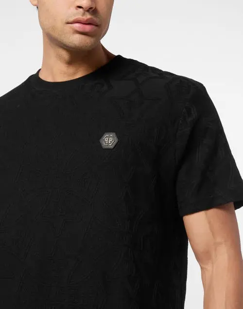 Philipp Plein Round Neck Jacquard T-shirt Crest - Black