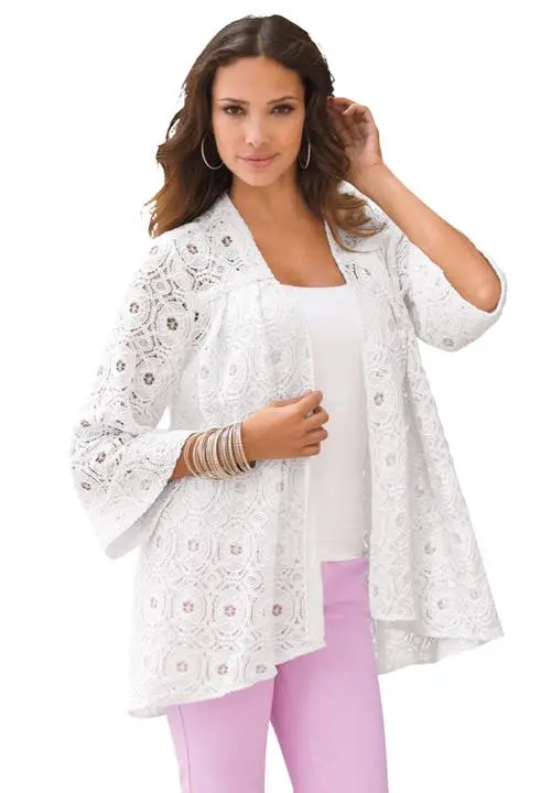 Roaman's Lace Three-quarter Sleeve Swing Jacket - White