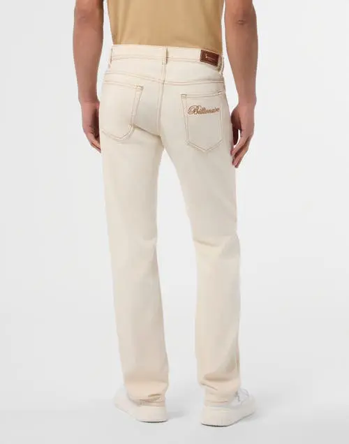 BILLIONAIRE Embroidered Regular Cut Jeans - Beige