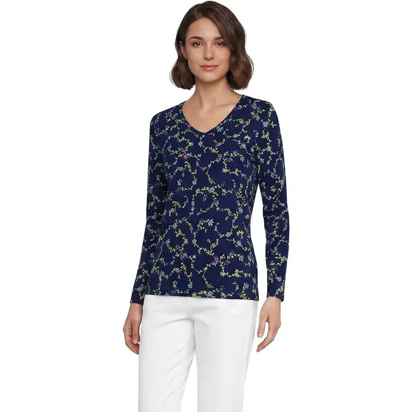 LANDS' END Cotton Long Sleeve V-neck T-shirt - Deep Sea Multi Floral Vine