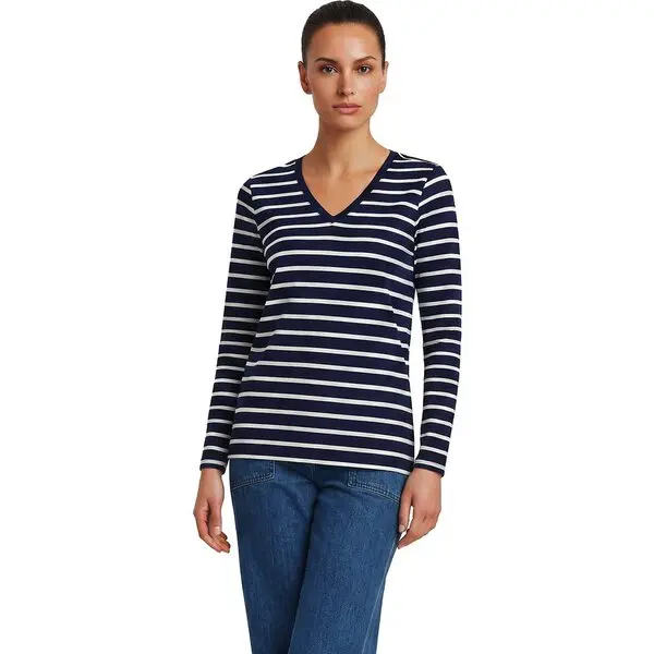 LANDS' END Tall Supima Cotton Long Sleeve V-neck T-shirt - Deep Sea/ivory Breton Stripe