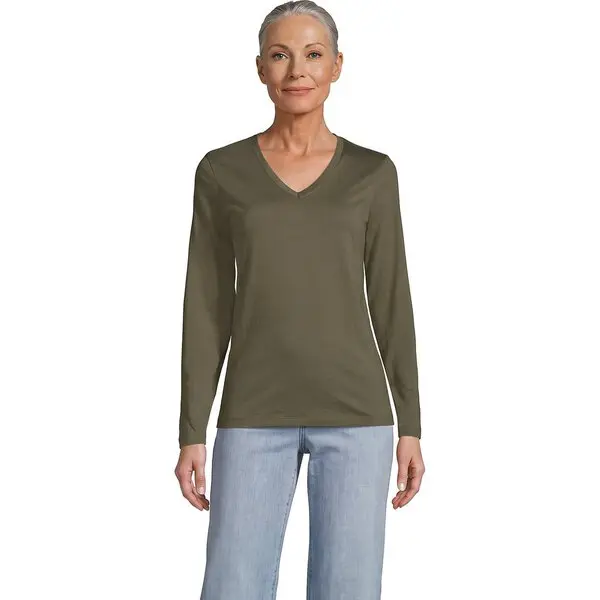 LANDS' END Cotton Long Sleeve V-neck T-shirt - Forest Moss