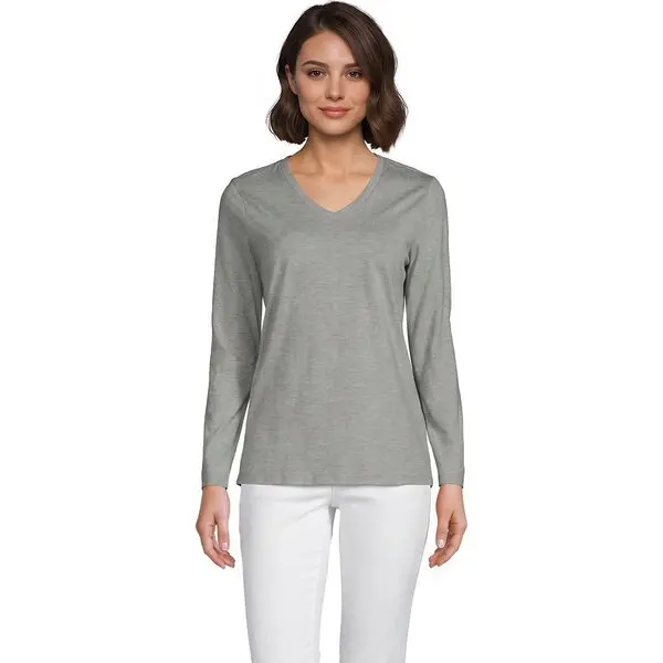 LANDS' END Cotton Long Sleeve V-neck T-shirt - Gray Heather