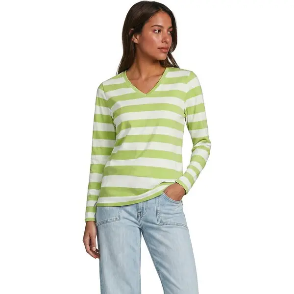 LANDS' END Supima Cotton Long Sleeve V-neck T-shirt - Ivory/apple Green Bold Stripe
