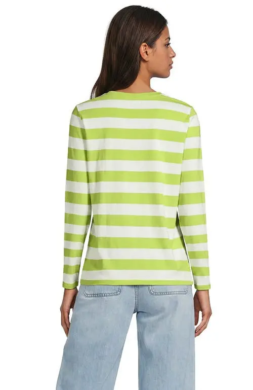 LANDS' END Supima Cotton Long Sleeve V-neck T-shirt - Ivory/apple Green Bold Stripe