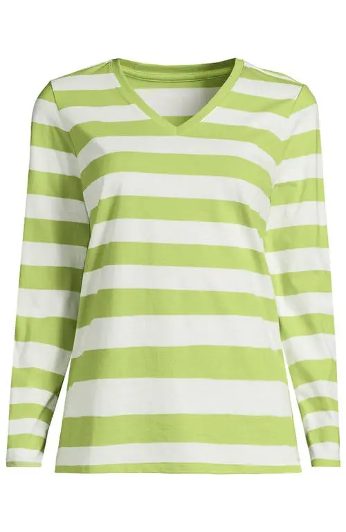 LANDS' END Supima Cotton Long Sleeve V-neck T-shirt - Ivory/apple Green Bold Stripe