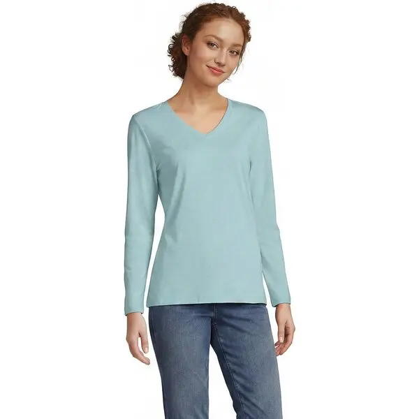 LANDS' END Cotton Long Sleeve V-neck T-shirt - Light Seagrass
