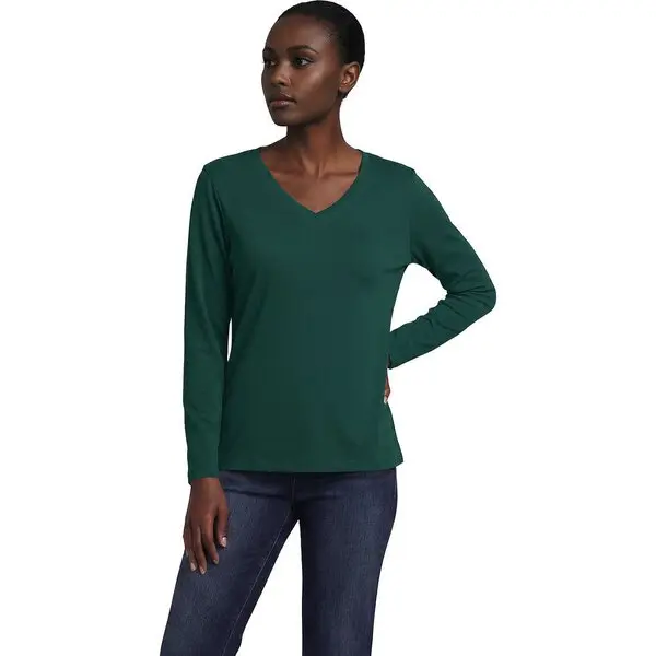 LANDS' END Cotton Long Sleeve V-neck T-shirt - Pine