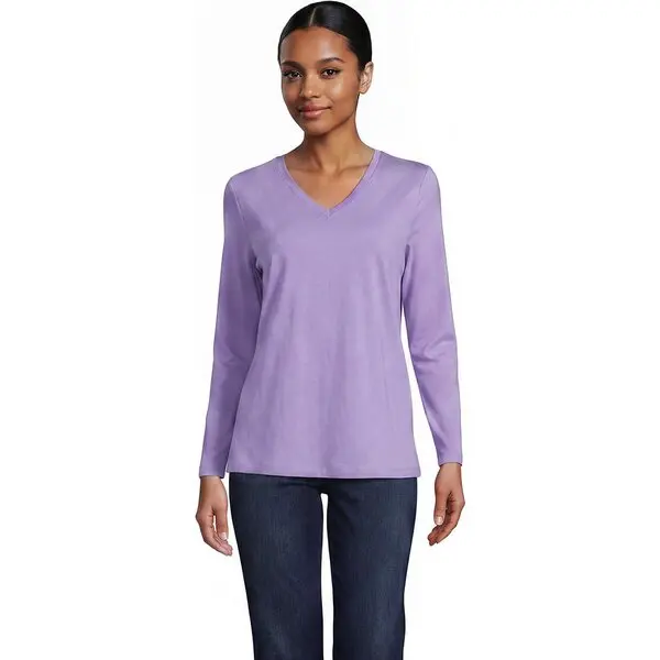 LANDS' END Cotton Long Sleeve V-neck T-shirt - Soft Amethyst