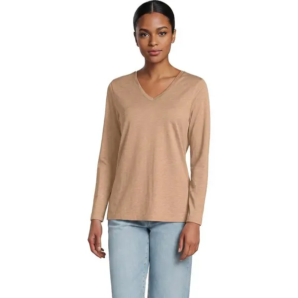 LANDS' END Cotton Long Sleeve V-neck T-shirt - Warm Taupe Heather