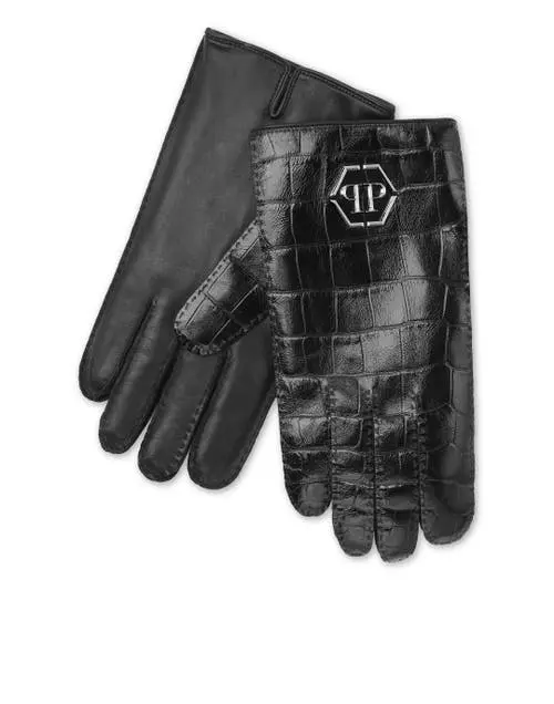 Philipp Plein Leather Gloves With Hexagon Logo