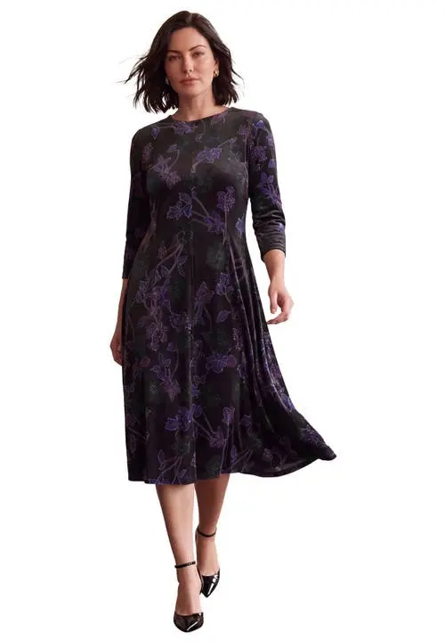 Roaman's Velour Swing Dress With 3/4 Sleeves - Black