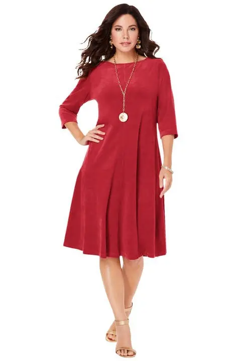 Roaman's Velour Swing Dress With 3/4 Sleeves - Classic Red