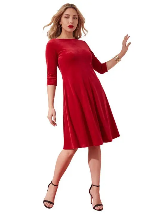 Roaman's Velour Swing Dress With 3/4 Sleeves - Classic Red