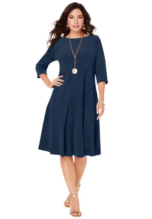 Roaman's Velour Swing Dress With 3/4 Sleeves - Navy